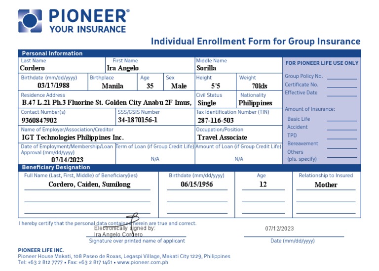 Individual Enrollment Form for Insurance | PDF | Financial Services