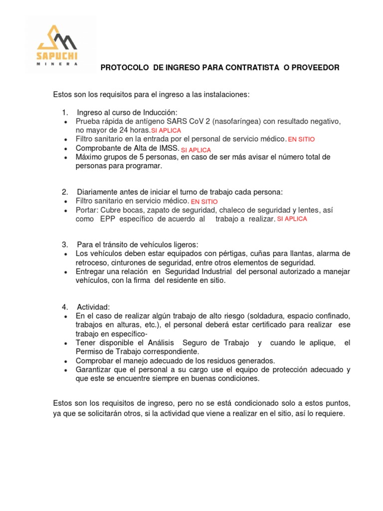 Protocolo de Ingreso para Contratista Proveedor | PDF