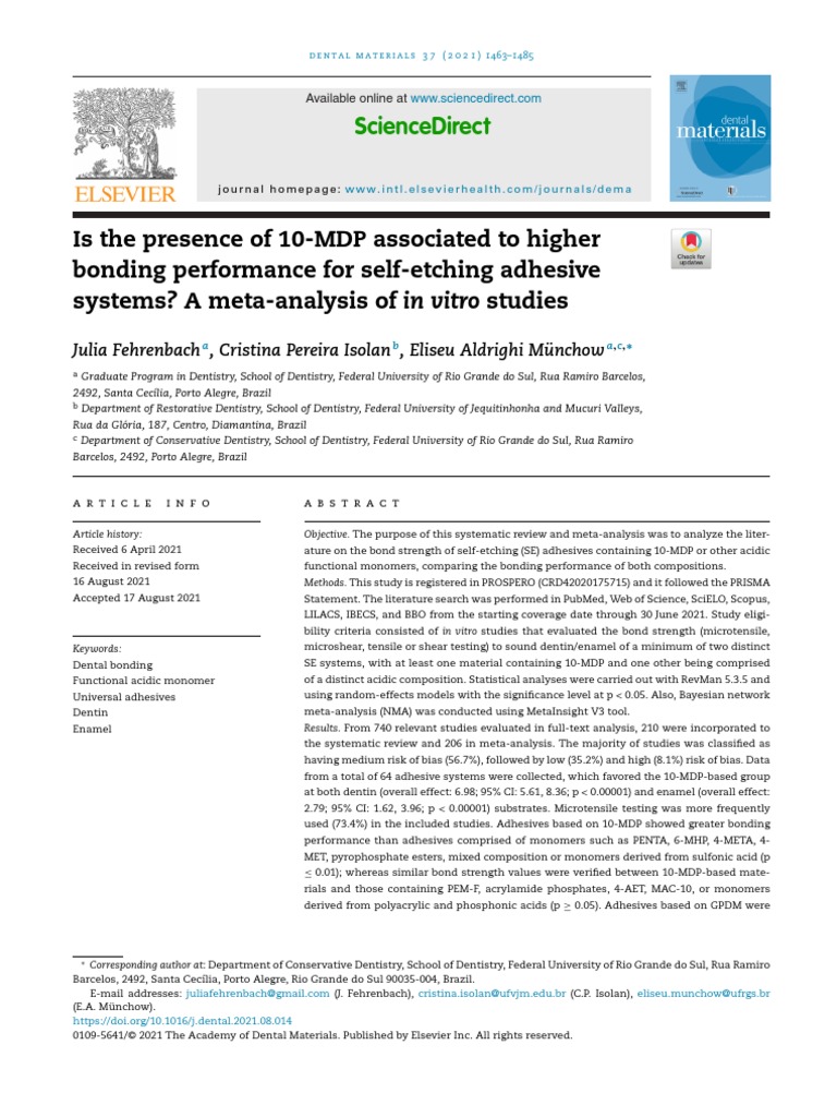 Is The Presence of 10-MDP Associated To Higher Bonding Performance For Self-Etching Adhesive ...