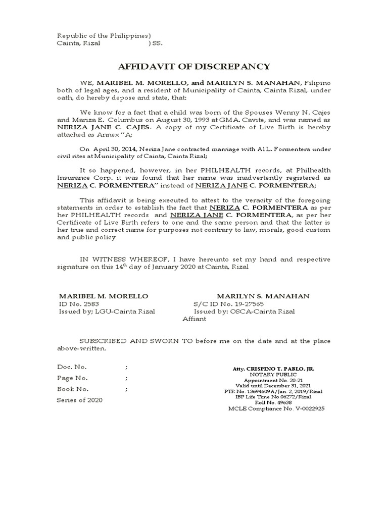 (Name) Discrepancy NERIZA JANE PHILHEALTH 2020 | PDF