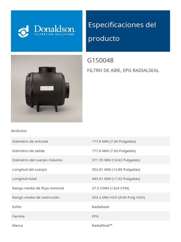 Especificaciones Del Producto: Filtro de Aire, Epg Radialseal | PDF