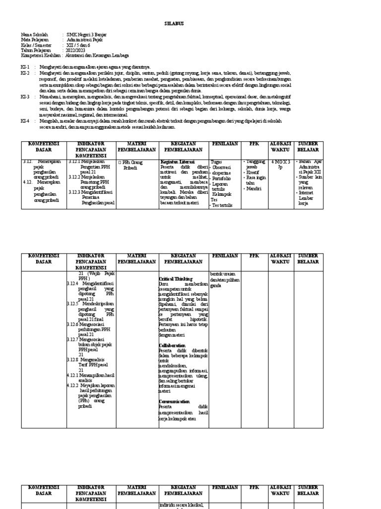 Silabus Administrasi Pajak Kelas 12 Tahun 2021 2022 | PDF