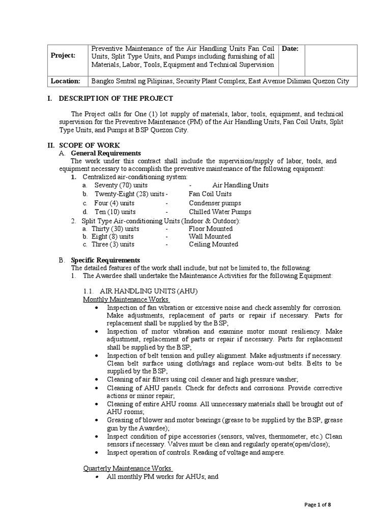 For RFQ - Scope of Works PM of AHU,FCU and Pumps | PDF | Personal ...
