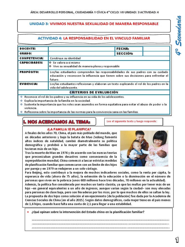 4° DPCC - Actv.04-Unid.3 2023 | PDF | Planificación familiar | Familia