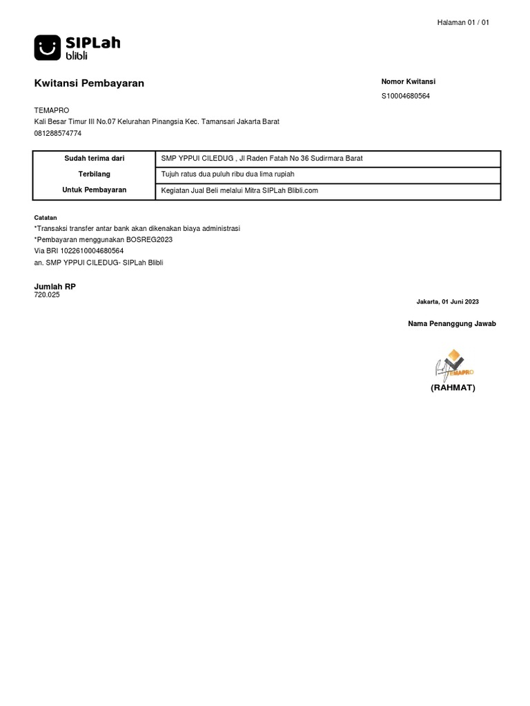 Kwitansi Pembayaran SIPLah | PDF