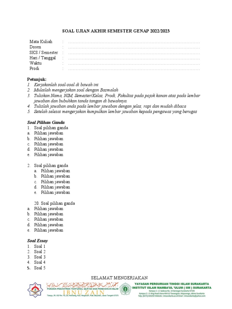 Template SOAL UJIAN AKHIR SEMESTER GENAP 2023 | PDF