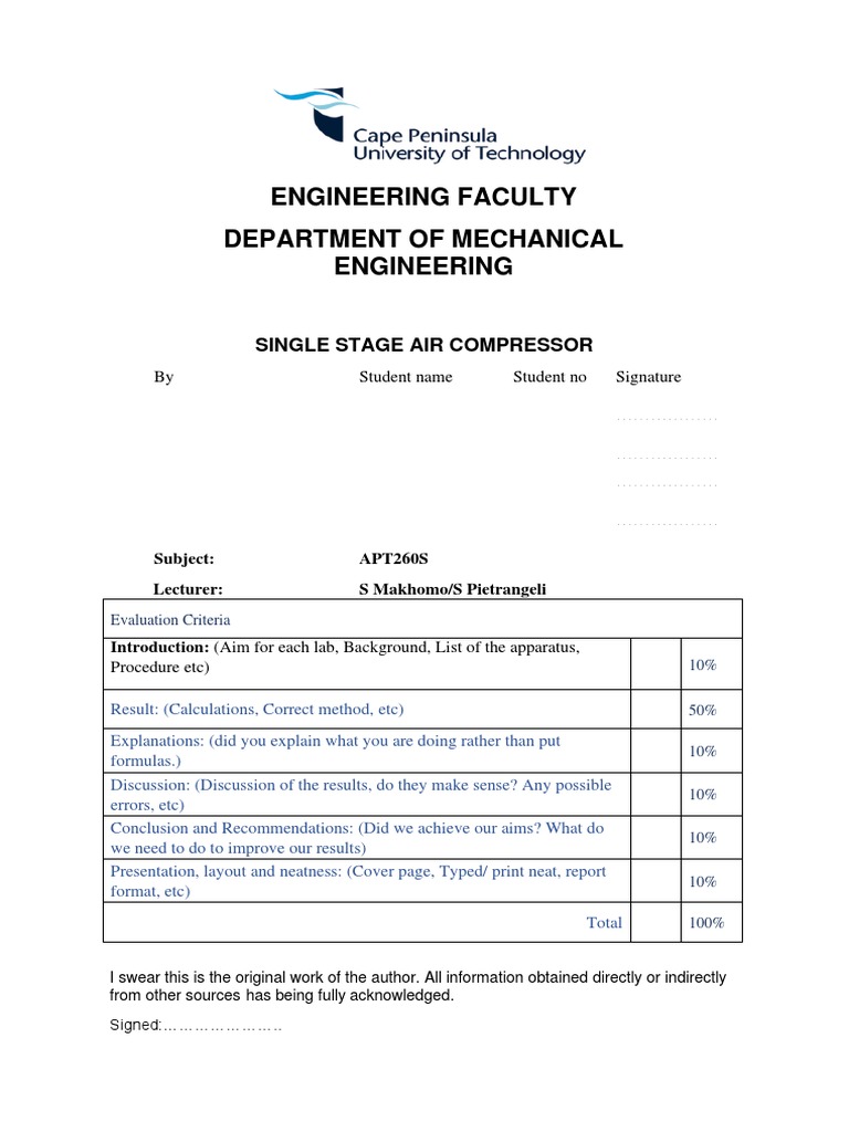 SINGLE STAGE AIR COMPRESSOR Lab | PDF | Piston | Engines
