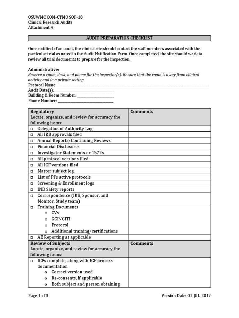 SOP 18.1 - Attachment A Audit Preparation Checklist | PDF | Audit | Institutional Review Board
