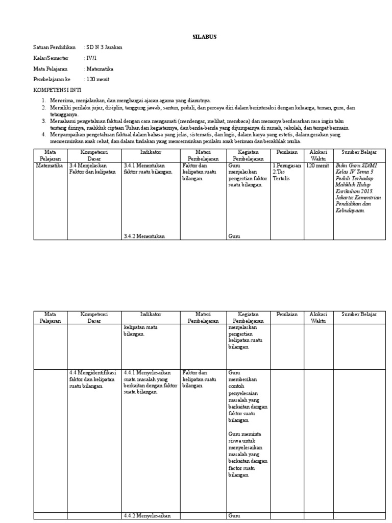 RPP KELAS IV Matematika KD 3.4 & 4.4 (KAMIS, 22 OKTOBER 2020) | PDF