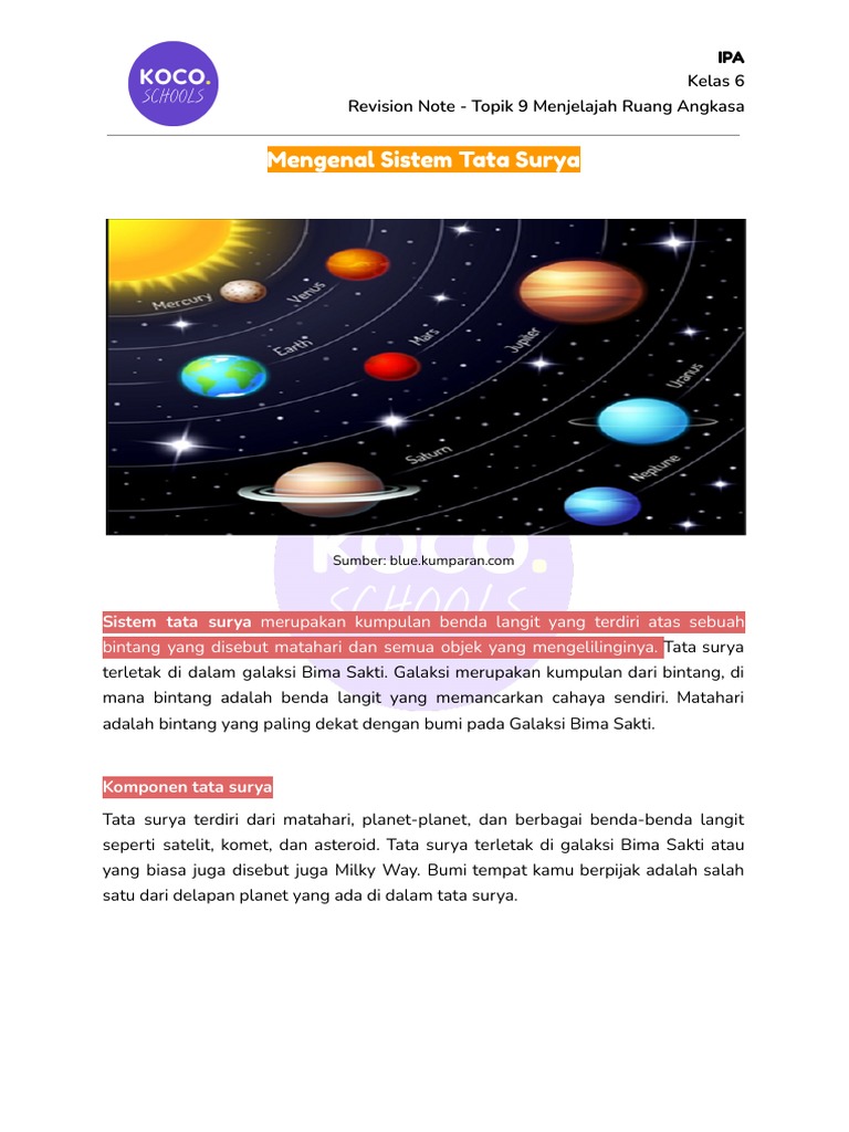 Revision Note - IPA Kelas 6 - Topik 9 Menjelajah Ruang Angkasa | PDF