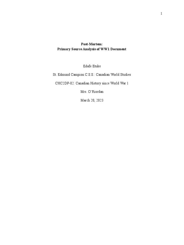 Post-Mortem - Primary Source Analysis of WW1 Document | PDF