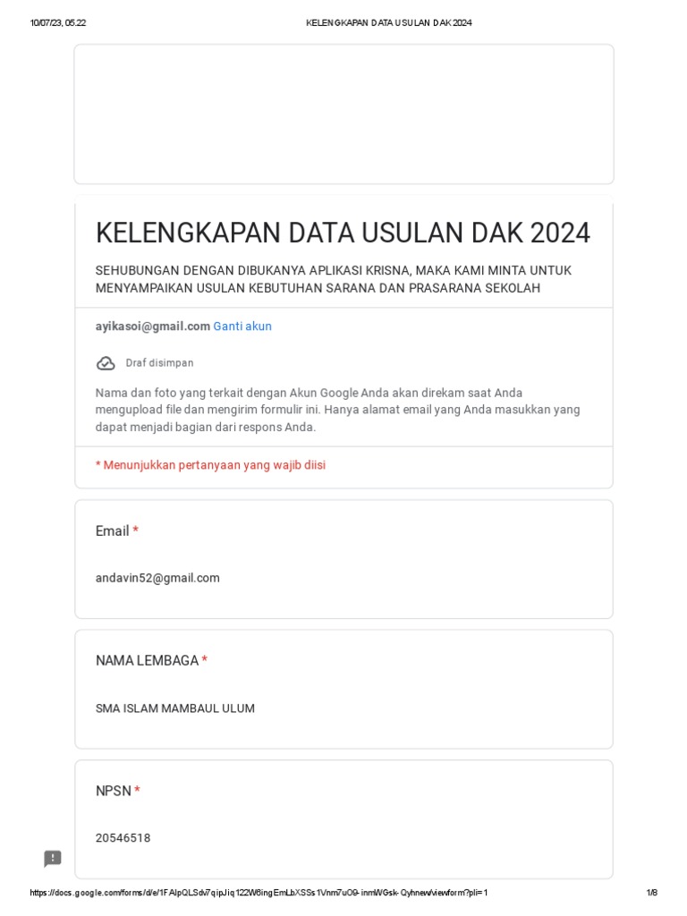 Kelengkapan Data Usulan Dak 2024 | PDF