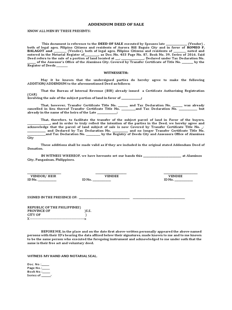Addendum Deed of Sale | PDF | Legal Documents | Civil Law (Common Law)