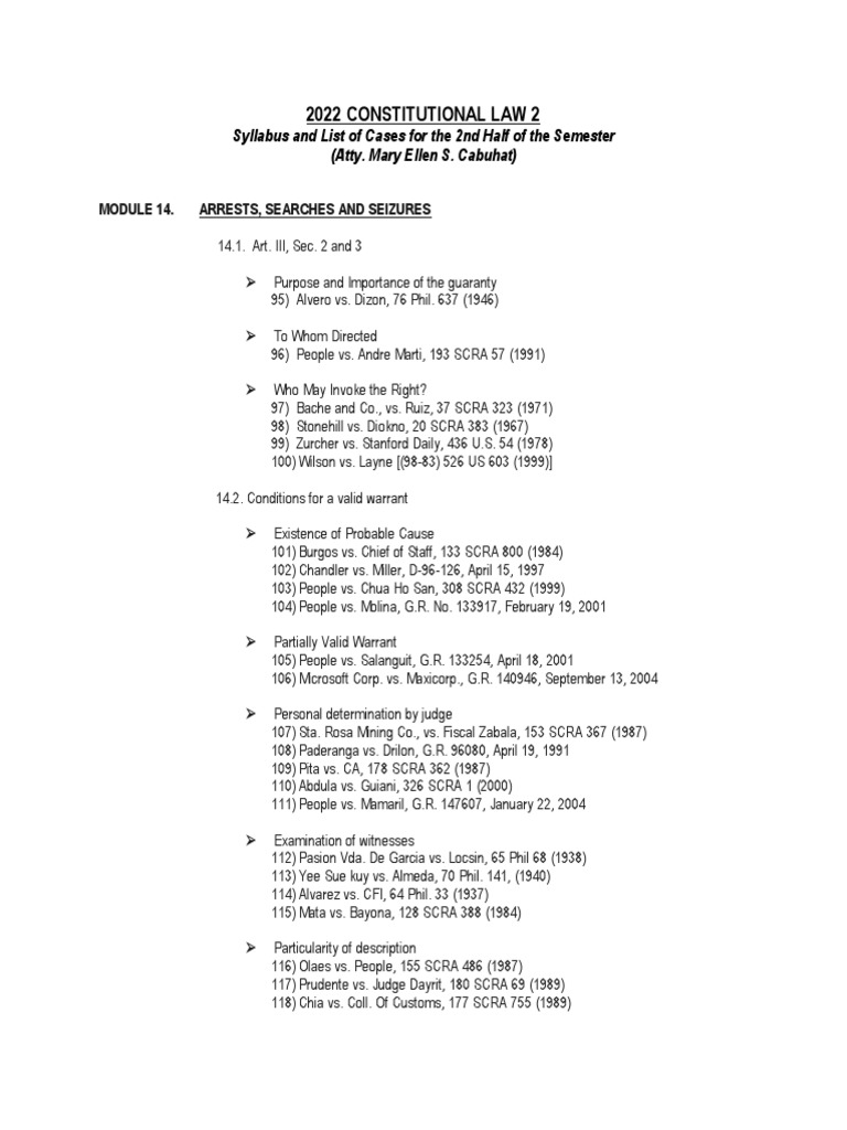 2022.consti 2.syllabus and List of Cases - Module 14-21 | PDF | Public Law | Justice
