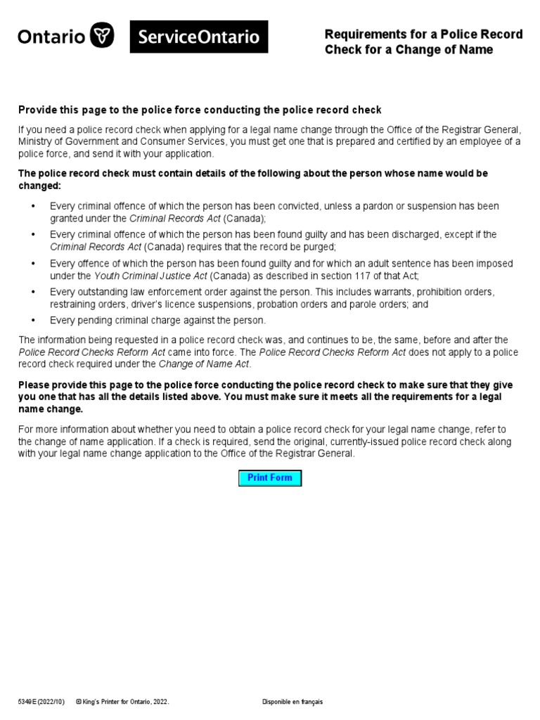 Provide This Page To The Police Force Conducting The Police Record ...