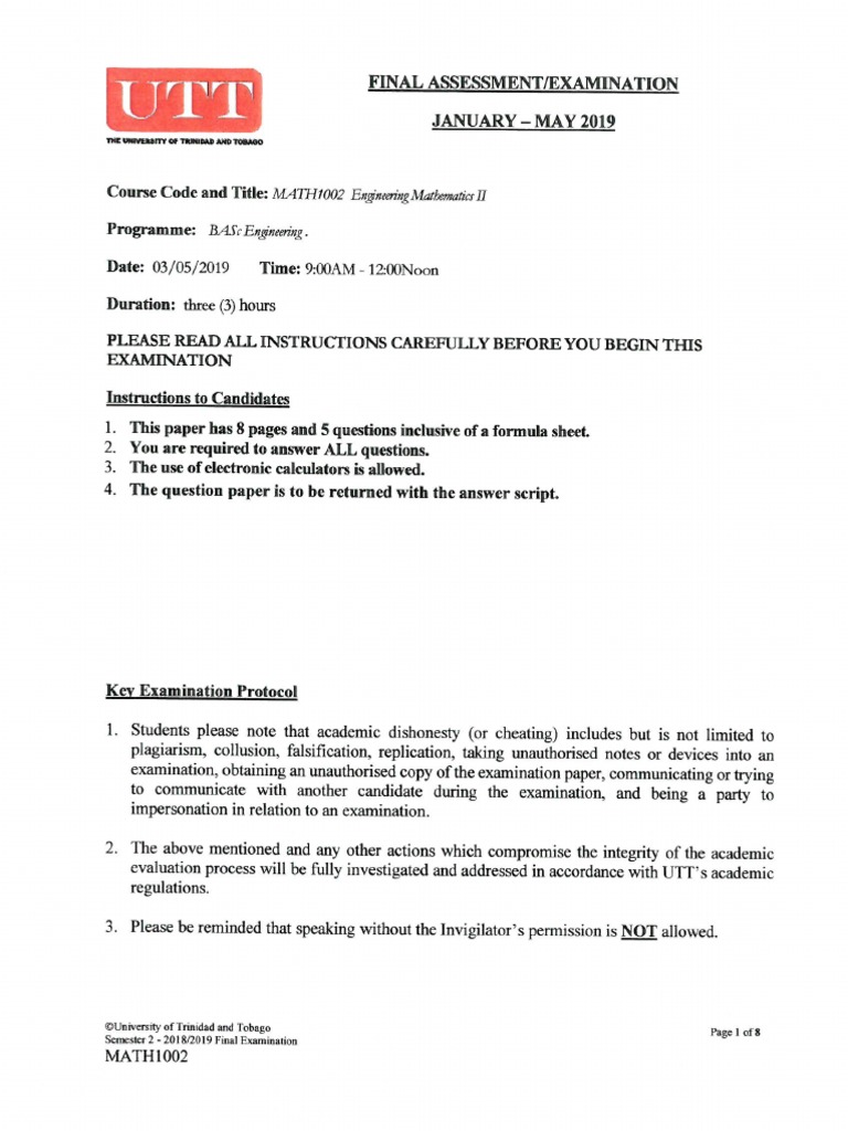 MATH1002 Engineering Mathematics II May 2019 | PDF