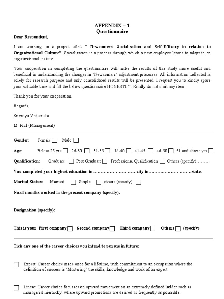 Appendix - 1 Questionnaire | PDF | Mentorship | Socialization