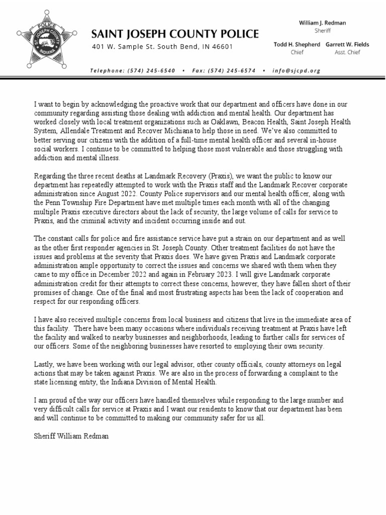 Sheriff Bill Redman Praxis Letter | PDF | Mental Disorder | Crimes