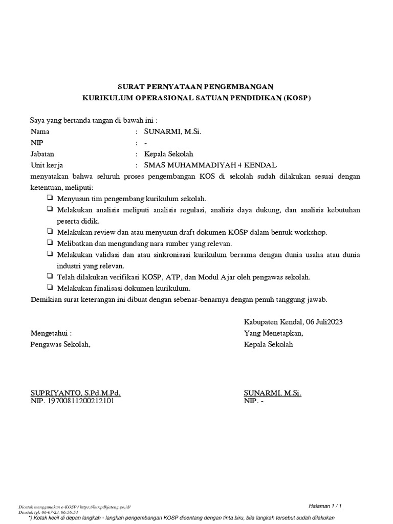 Pernyataan Pengembangan KOSP | PDF