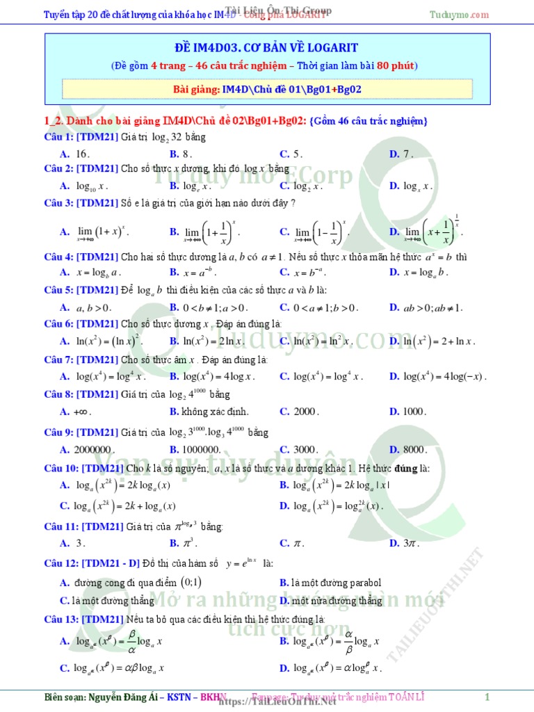 01.Đề Im4d03. Cơ Bản Về Loga | PDF