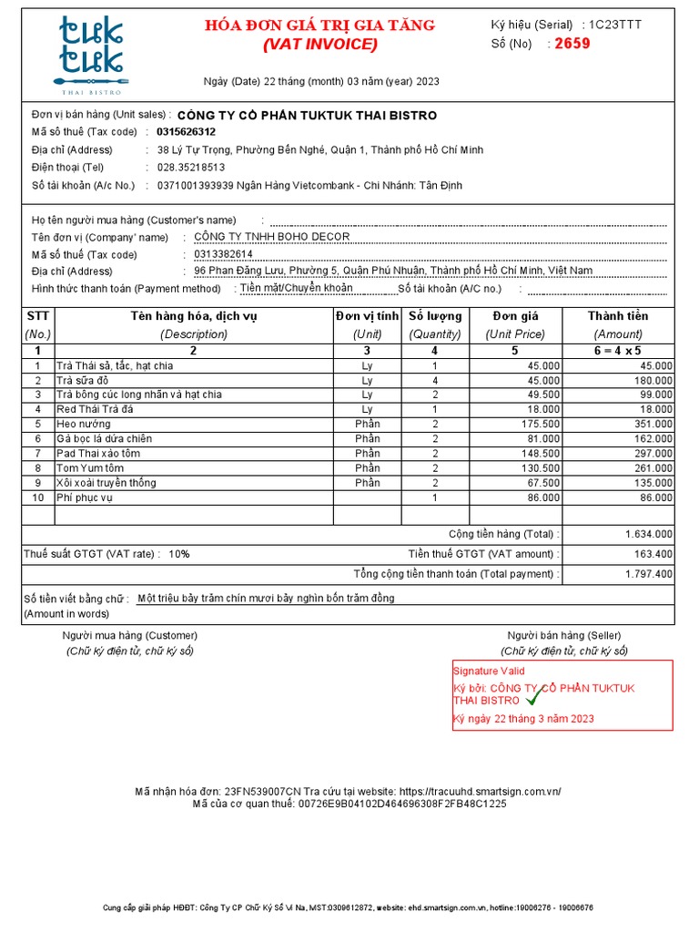 (Vat Invoice) : Công Ty Cổ Phần Tuktuk Thai Bistro | PDF