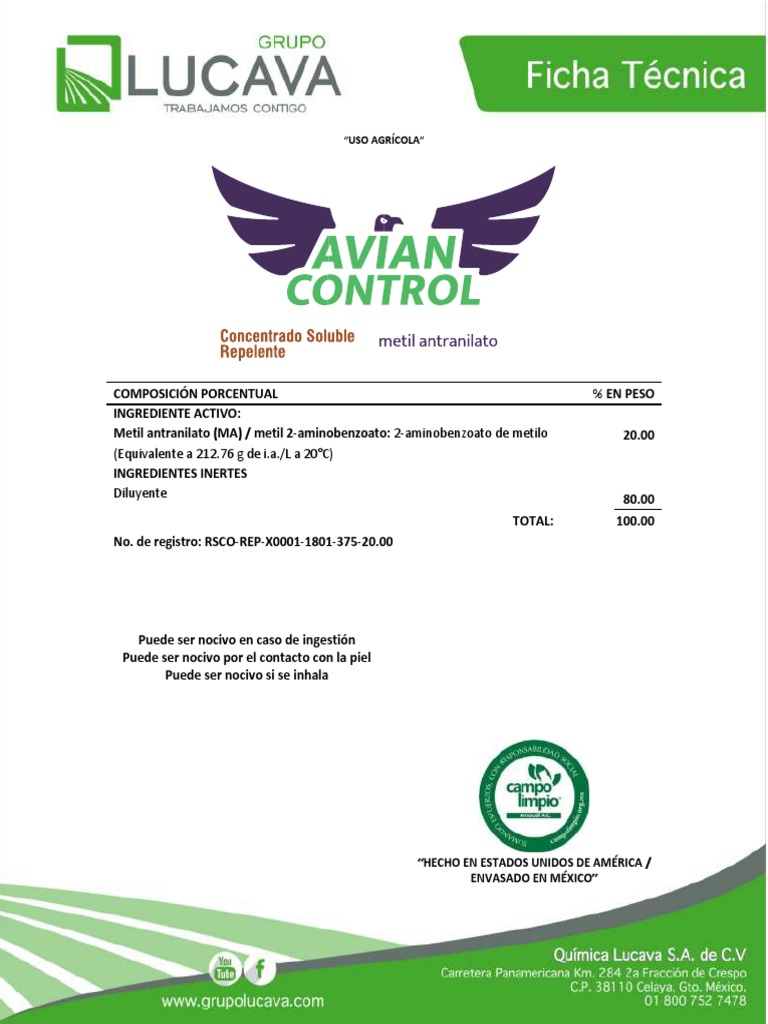 Ficha Técnica de Avellum para Control Avian | PDF | Agua | Química