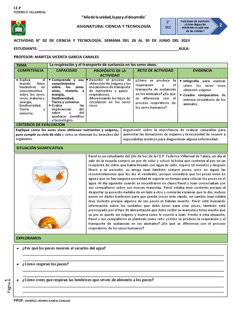 (PDF) 2° SEC. EDA 2 SEMANA 2 EXPLICA CYT 2023 La Respiración El Transporte de Sustancia en Los ...