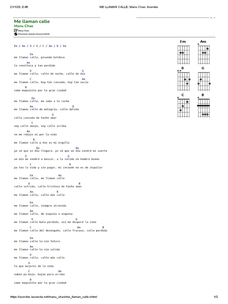 Me Llaman Calle, Manu Chao - Acordes | PDF