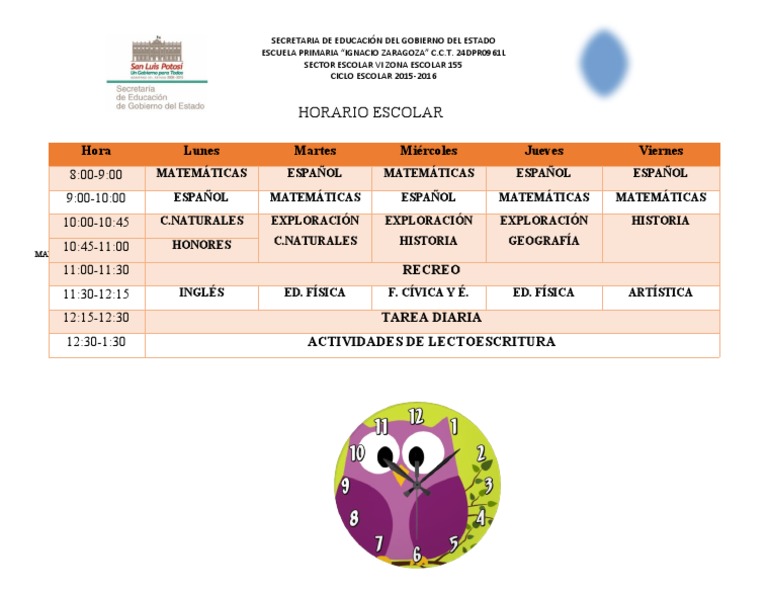 Horario Escolar Primaria 2015-2016 | PDF