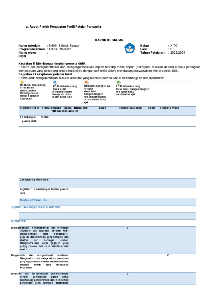 Rapor Projek Penguatan Profil Pelajar Pancasila | PDF