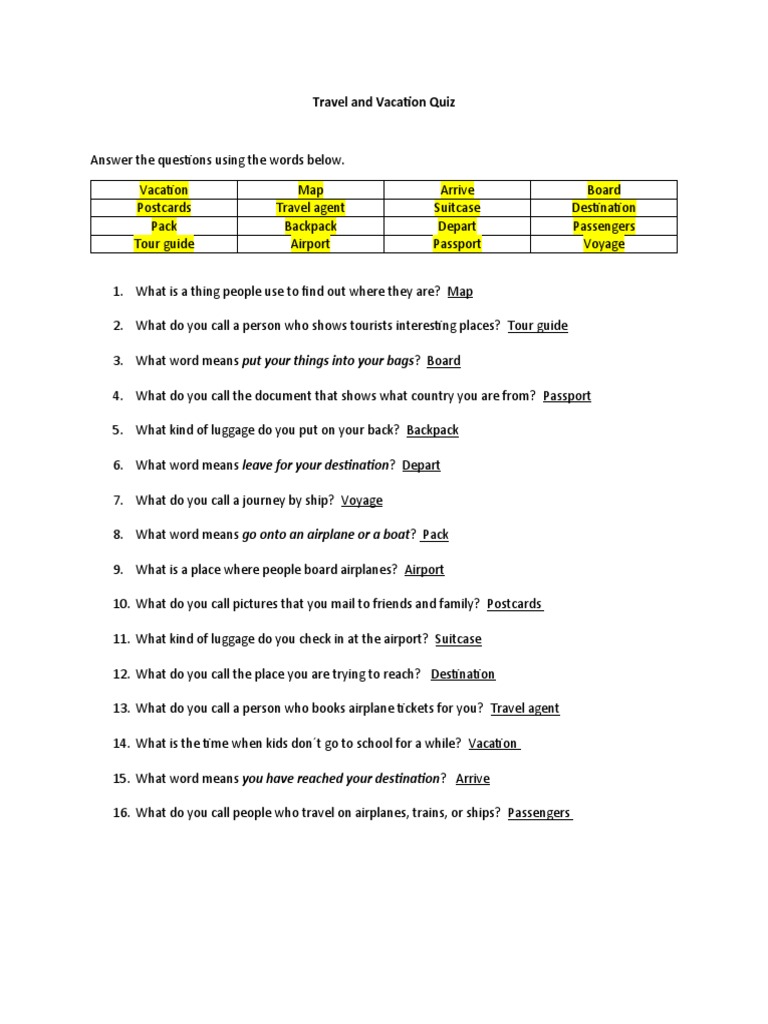 Travel and Vacation Quiz Worksheet | PDF