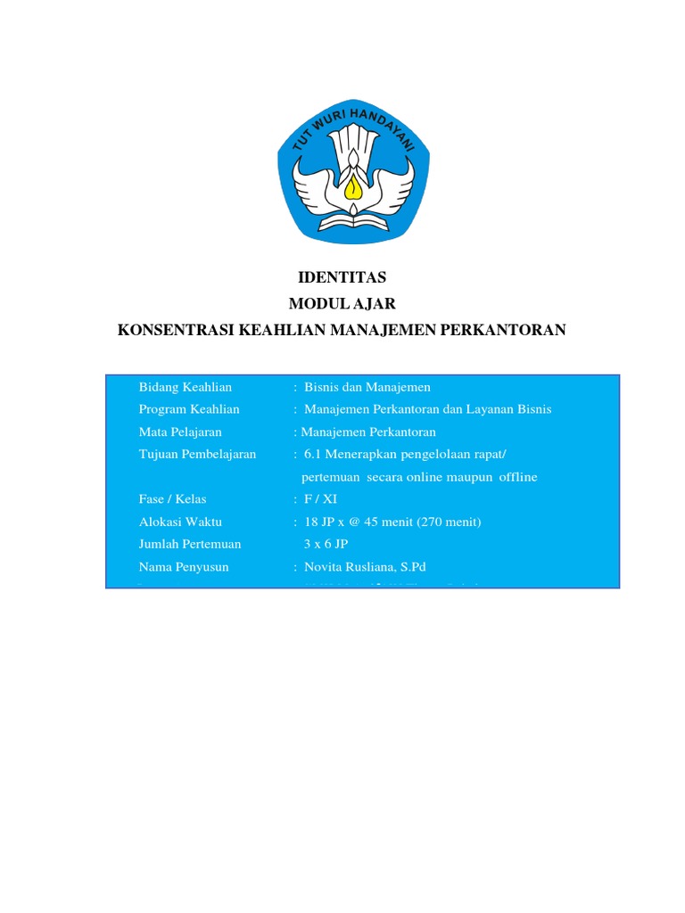 Modul Ajar Manajemen Perkantoran - Pengelolaan Rapat - Fase F | PDF