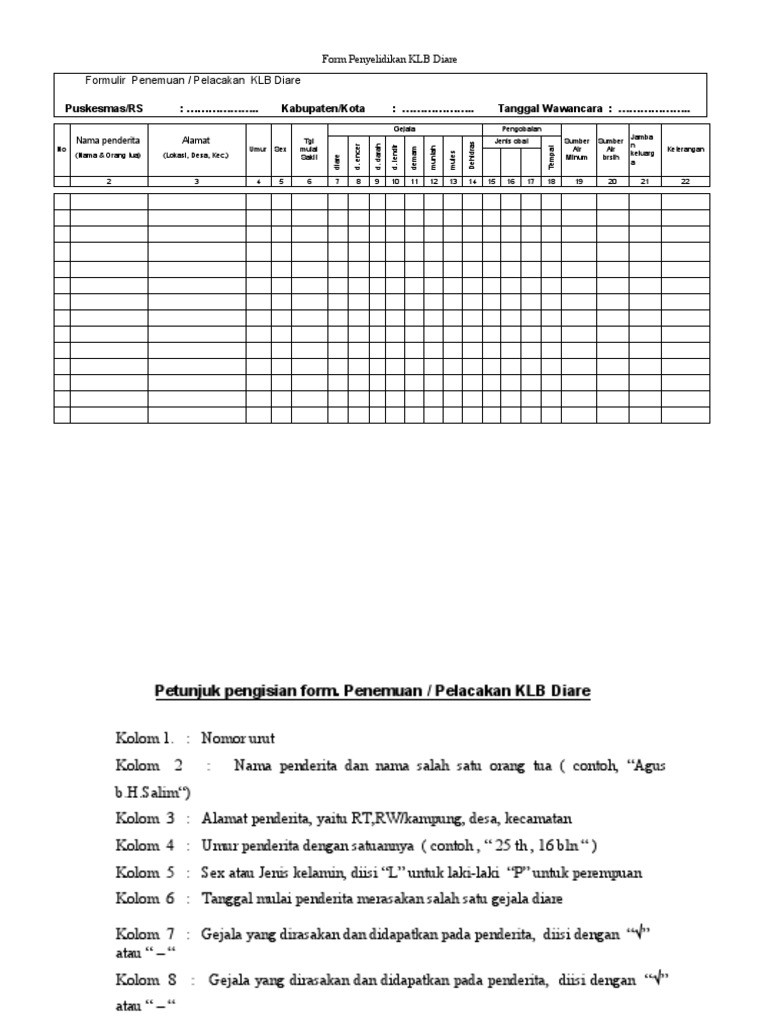 Form Penyelidikan KLB Diare | PDF