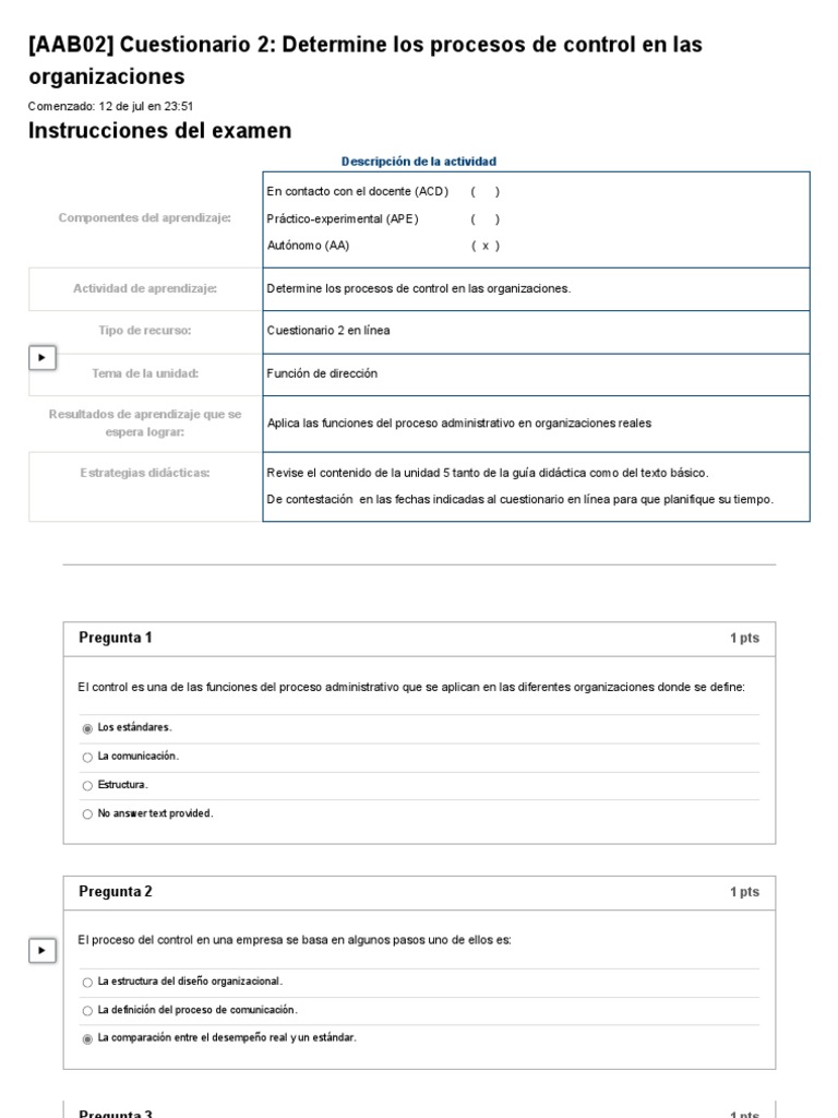 II BIMESTRE - (AAB02) Cuestionario 2 - Determine Los Procesos de Control en Las Organizaciones ...
