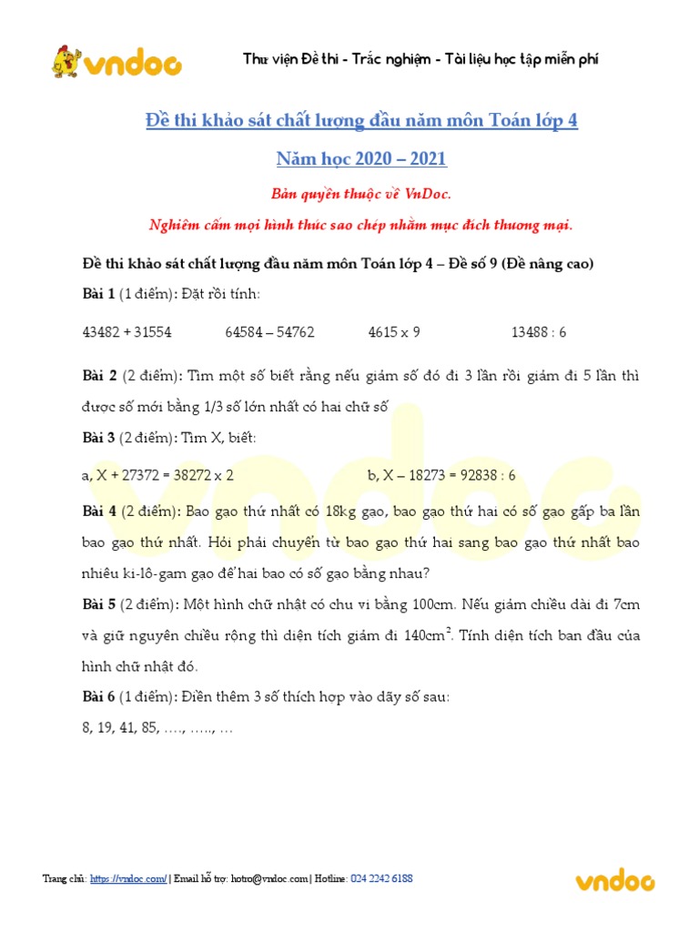 De Khao Sat Chat Luong Dau Nam Mon Toan Lop 4 Nam 2020 2021 de So 9 | PDF