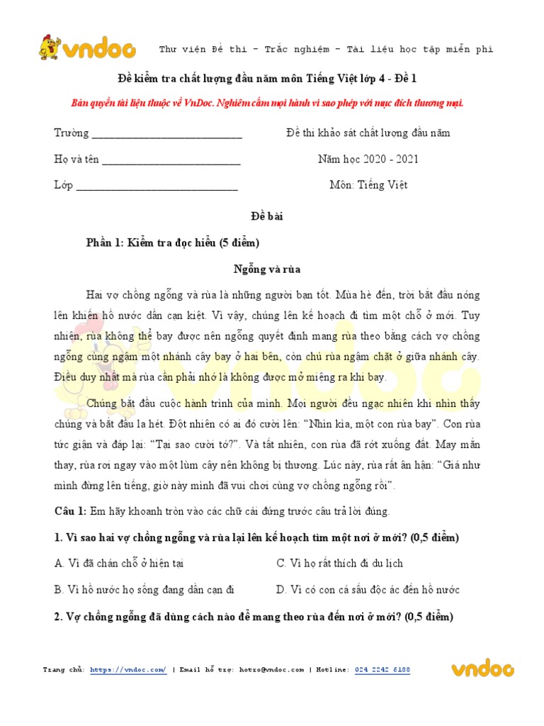 De Khao Sat Chat Luong Dau Nam Mon Tieng Viet Lop 4 de 1 | PDF