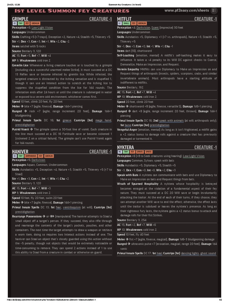 Summon Fey Creatures Guide | PDF