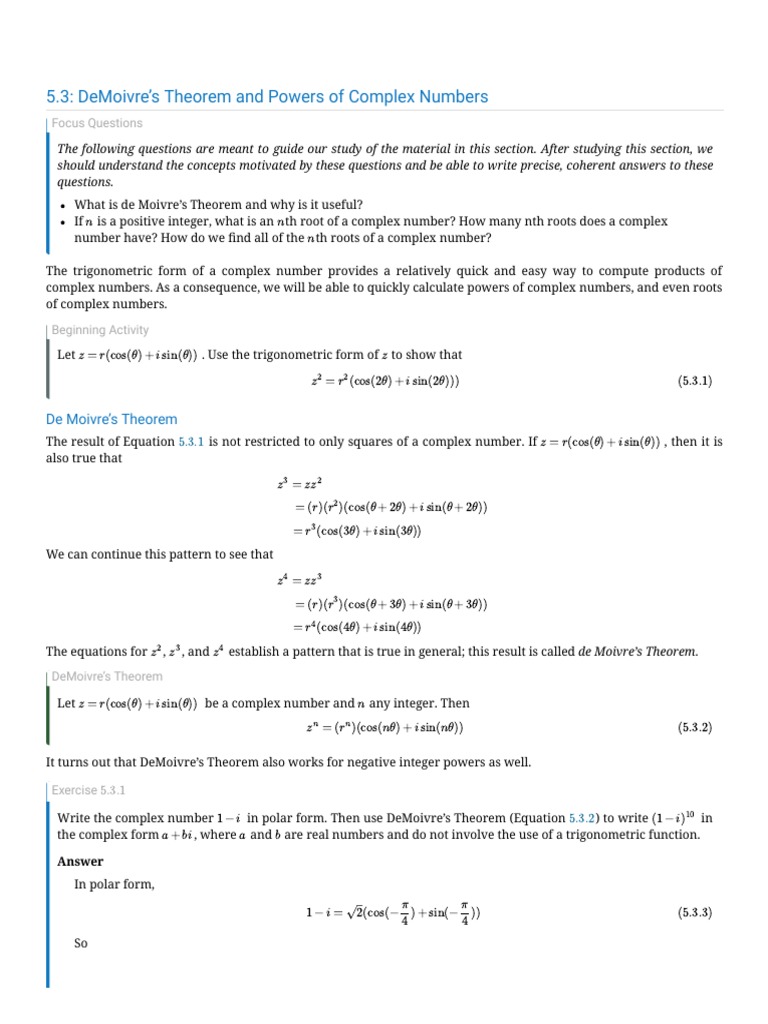 5.3 - DeMoivre's Theorem and Powers of Complex Numbers - Mathematics ...
