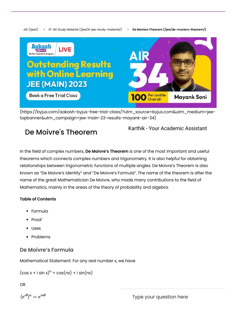 DeMoivre's Theorem Notes - Definition, Proof, Uses, Examples | PDF ... DeMoivre's Theorem Notes - Definition, Proof, Uses, Examples | PDF ...