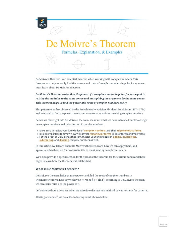 De Moivre's Theorem - Formulas, Explanation, and Examples | PDF | Complex Number | Abstract Algebra