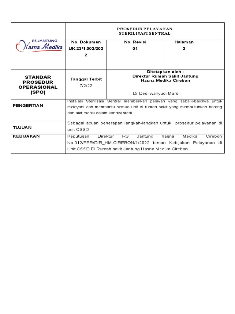 Sop Pelayanan CSSD | PDF