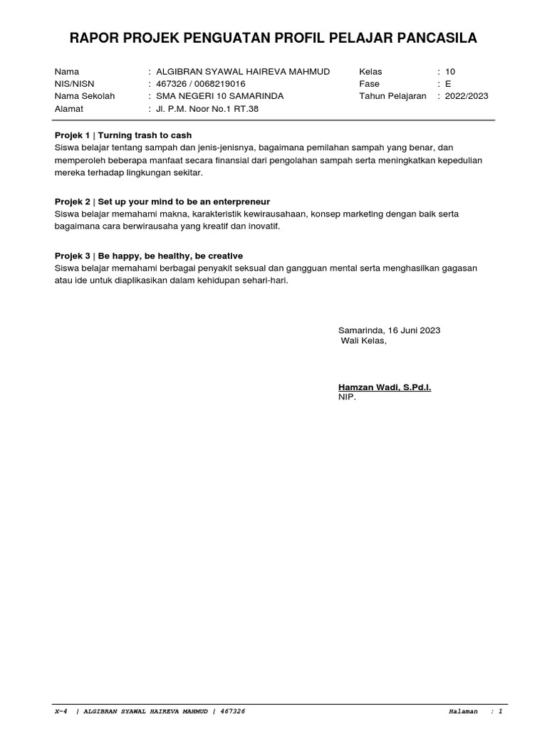 Rapor P5BK KLS X4 | PDF | Kesehatan Holistik