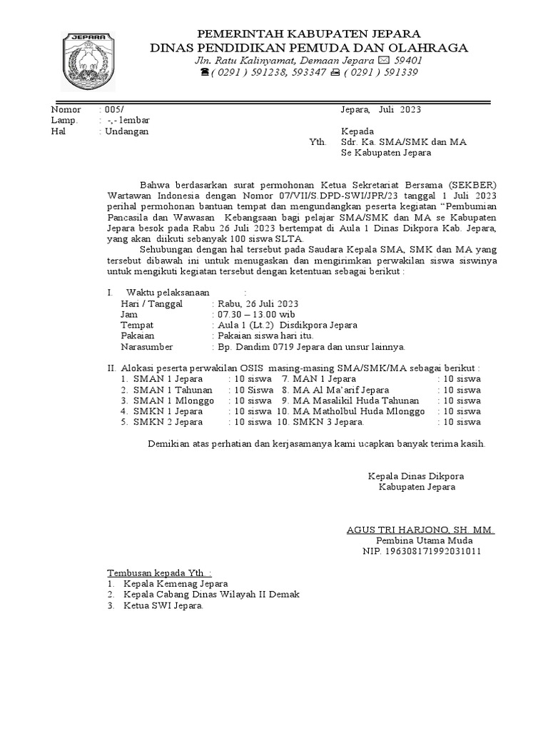 Undangan Pelatihan Wawasan Kebangsaan SLTA | PDF