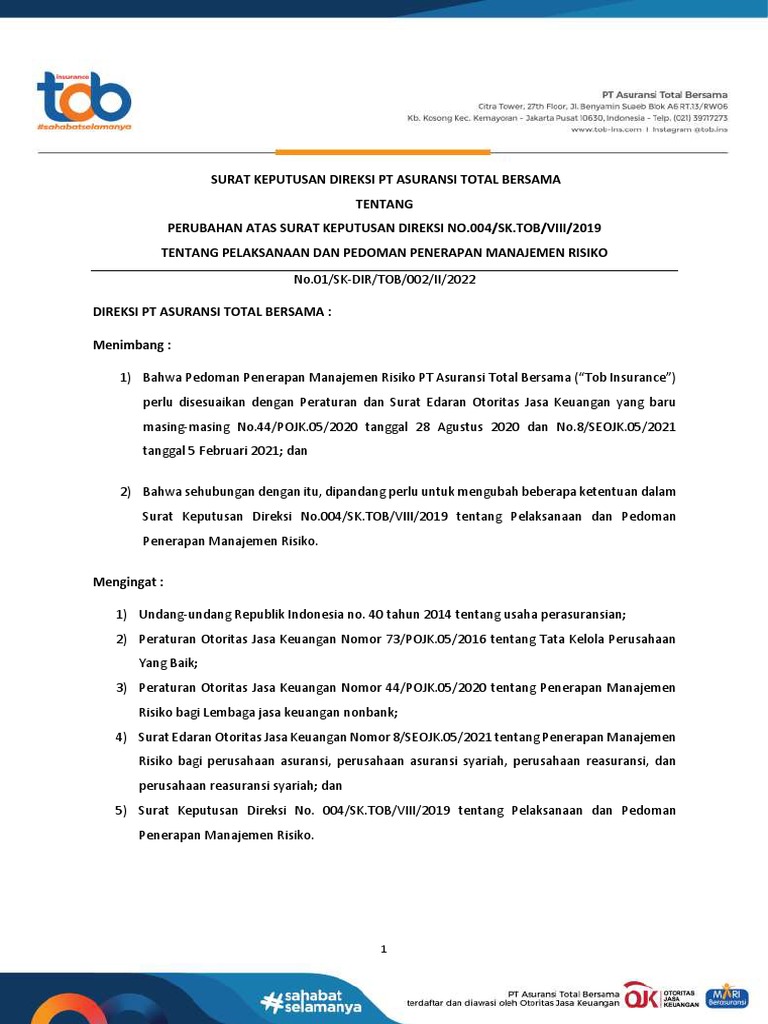 SK Direksi - Pedoman Penerapan Manajemen Risiko | PDF