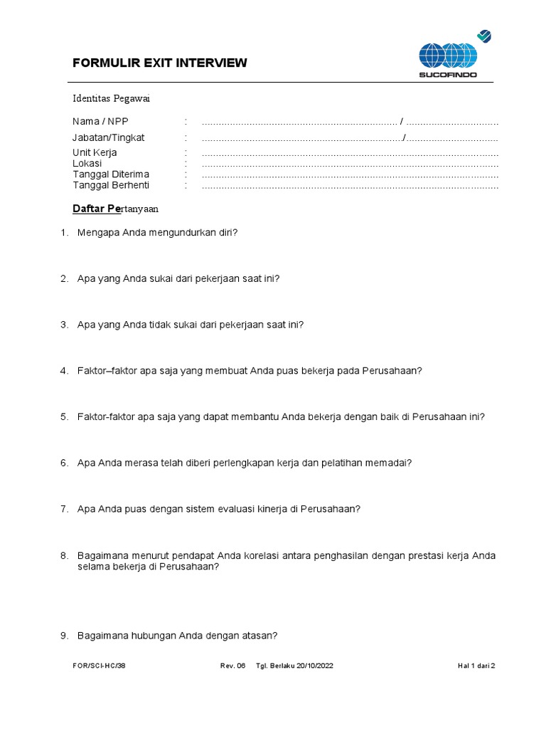 Formulir Exit Interview Rev. 06 | PDF | Karier & Perkembangan | Bisnis