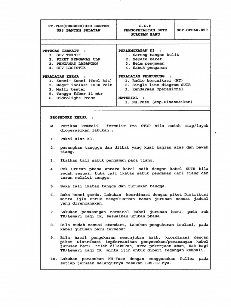 Sop Ophar-059 Pengoperasian Sutr Jurusan Baru | PDF