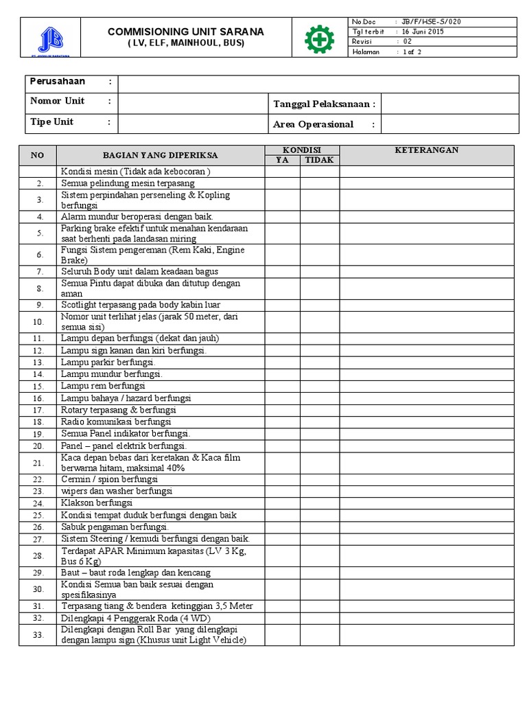 Form Commisioning Unit Sarana (Bus Elf Mainhoule LV) | PDF