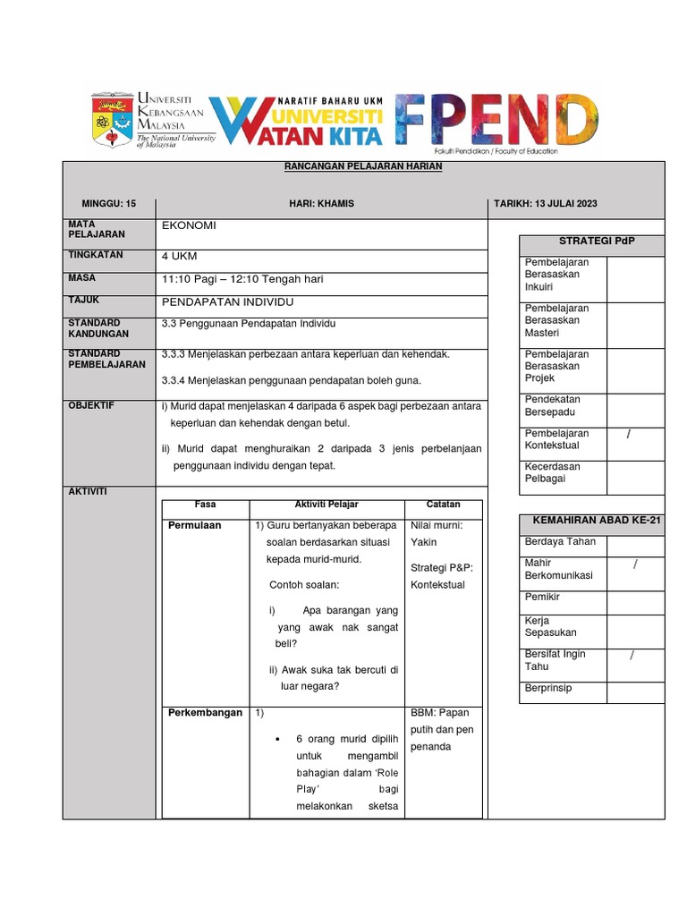 RPH EKONOMI SP 3 3 3 & 3 3 4 Tingkatan 4 UKM 13 7 2023 KHAMIS | PDF