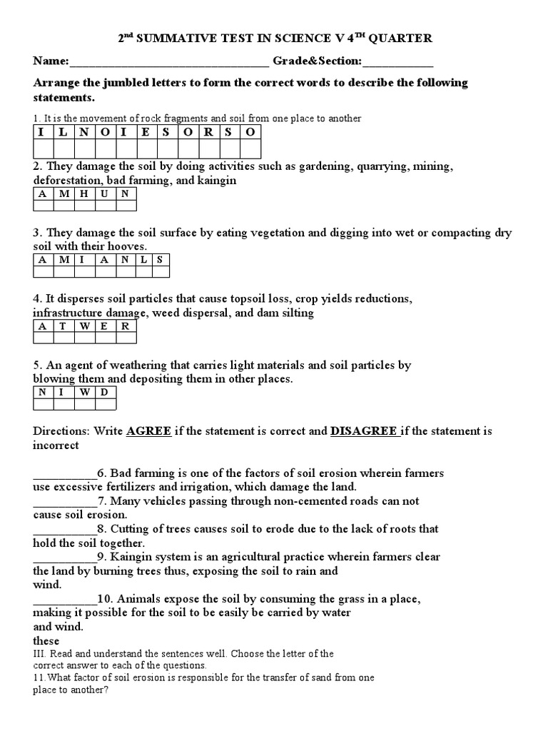 2nd Summative Test in Science V 4th Quarter | PDF | Soil | Erosion