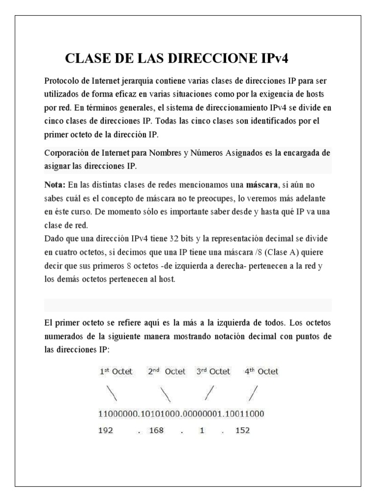 CLASE DE LAS DIRECCIONE IPv4 | PDF | Dirección IP | Transmisión de datos